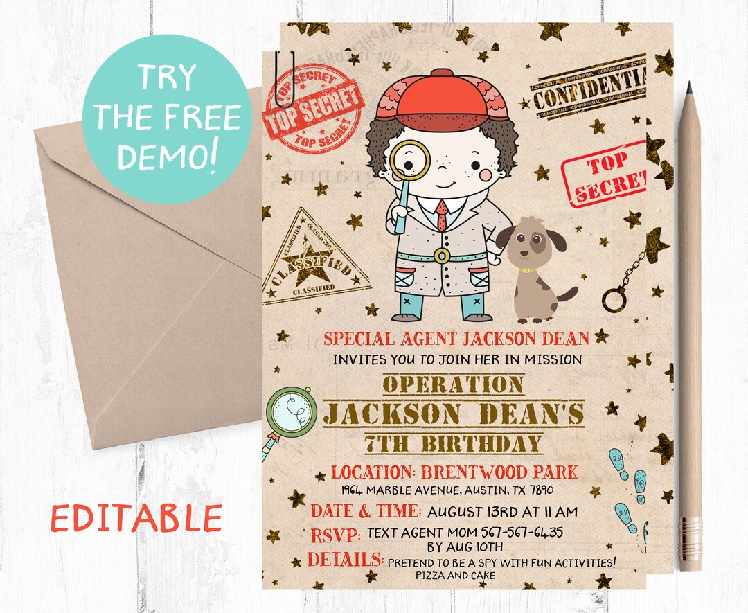 Brunette Boy Detective Invitation, Brunette Boy Spy Birthday Invitation ...