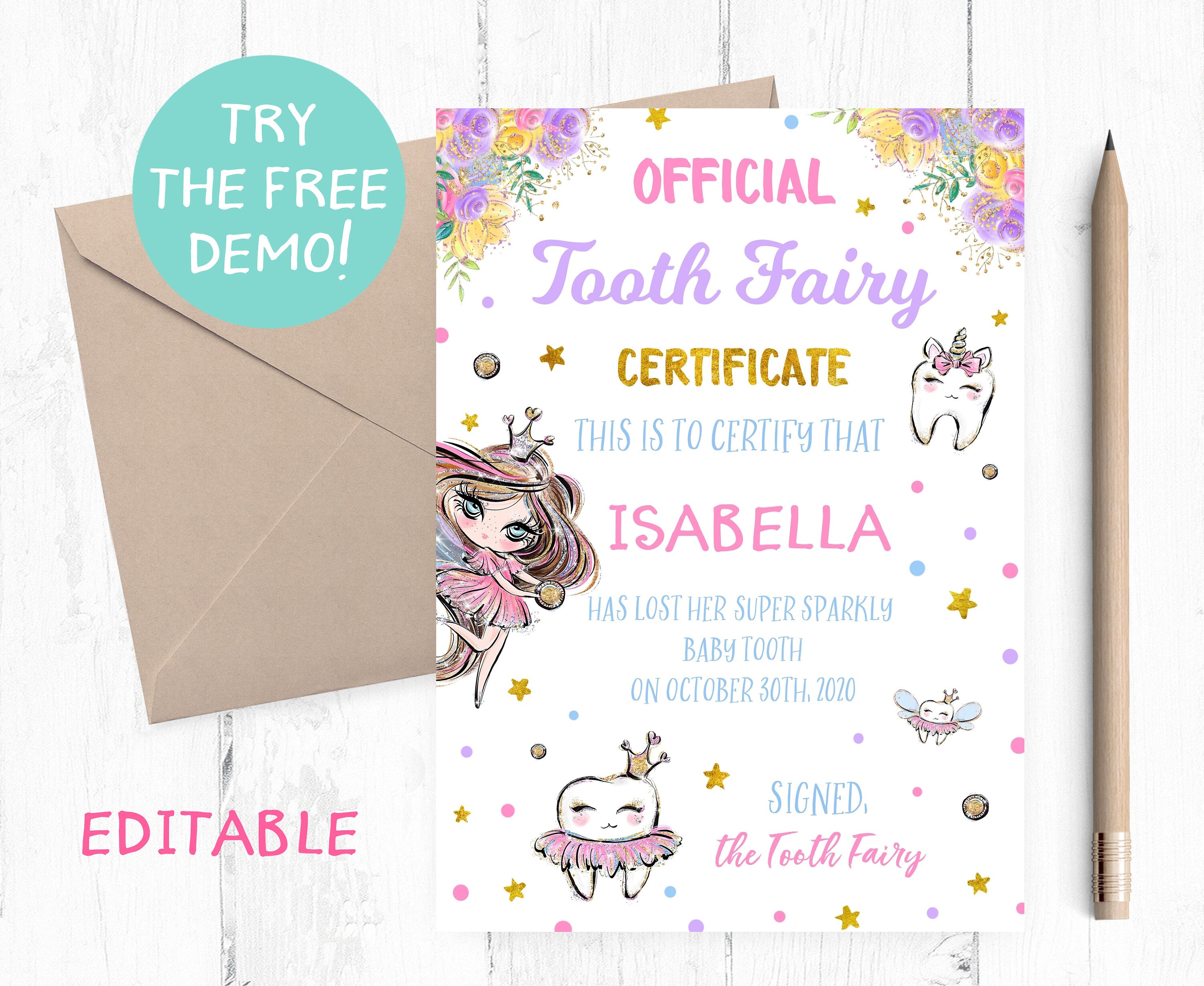 EDITABLE Brunette Tooth Fairy Set Tooth Fairy Editable | Etsy