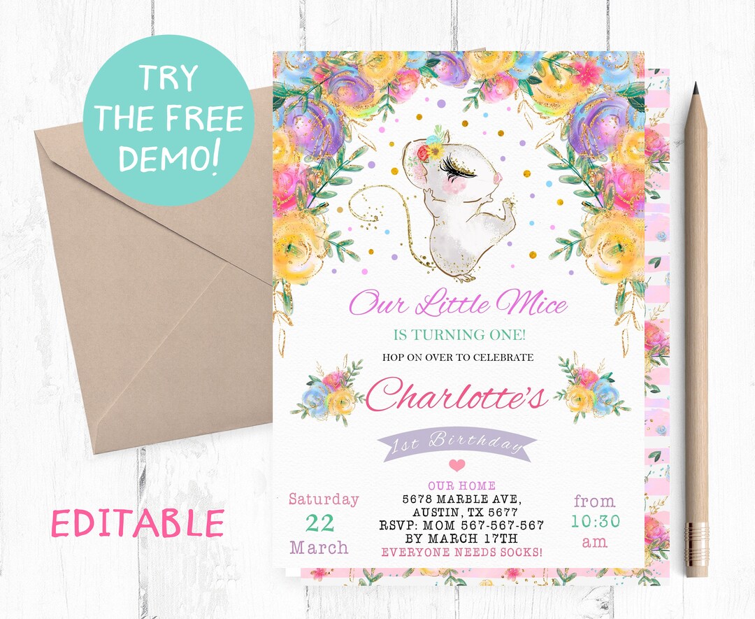 Editable Little Mice Invitation, Mice Birthday Party Invitation, Mice ...