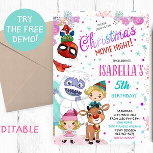 Editable Christmas Movie Night Birthday Party, Christmas Movie Night ...