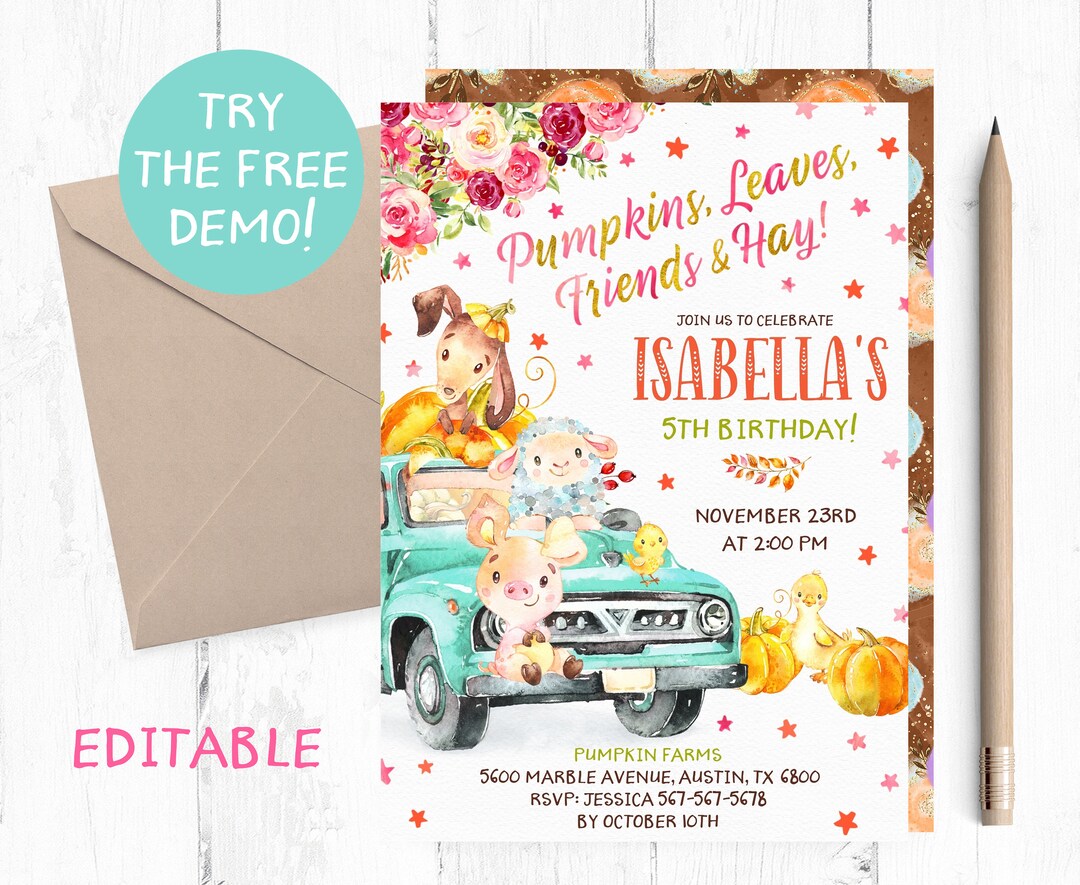 Editable Autumn Farm Invitation, Autumn Animals Editable Template, Fall ...