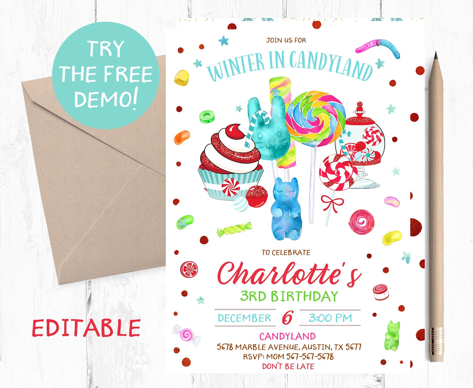 Editable Winter Candyland Invitation, Winter Candyland Editable ...