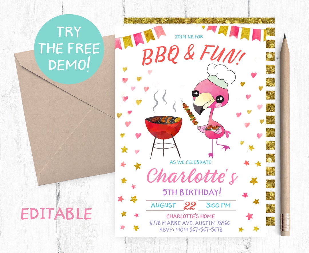 Flamingo BBQ Birthday Invitation, Flamingo BBQ Invitations, Flamingo ...