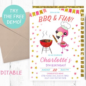 Flamingo BBQ Birthday Invitation, Flamingo BBQ Invitations, Flamingo ...