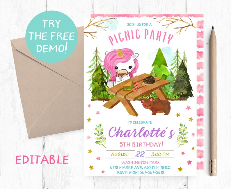 Forest Picnic Invitations, Forest Birthday Party Invitations, Park ...