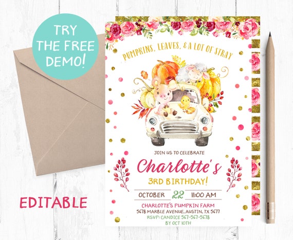 Fall Farm Animals Invitations Pumpkin Animals Birthday Party - Etsy