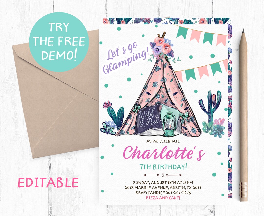 Editable Glamping Teepee Invitation Teepee Glamping Birthday - Etsy
