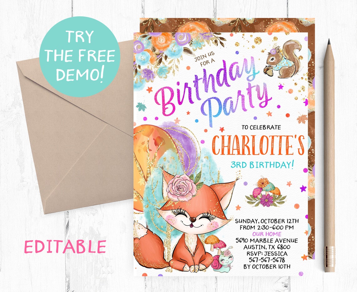 Editable Woodland Fox Invitation, Fall Fox Invitation, Fall Woodland ...