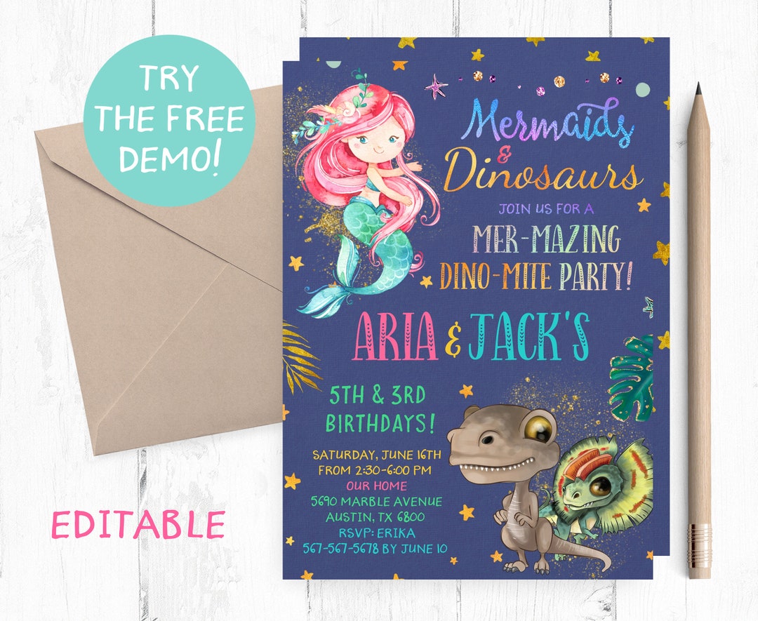 Mermaids and Dinosaurs Birthday Invitation, Mermaids Dinosaurs ...