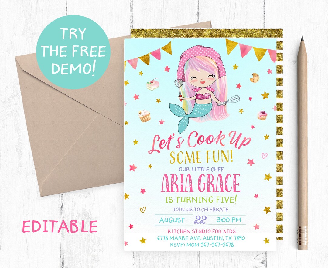 Editable Mermaid Chef Invitation, Baking Birthday Party, Baking ...