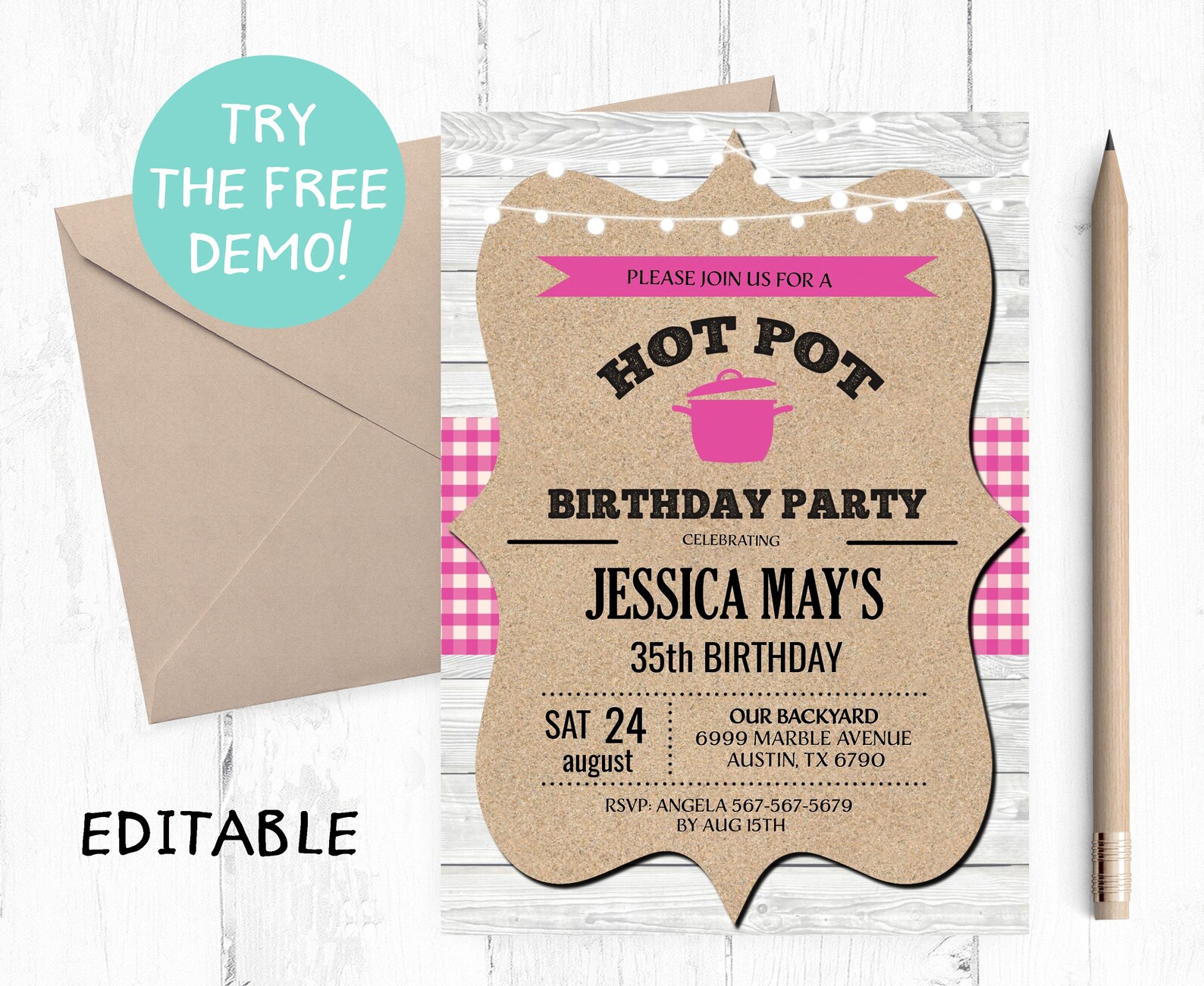 Editable Hot Pot Birthday Invitation, Pink Hot Pot Birthday Party ...