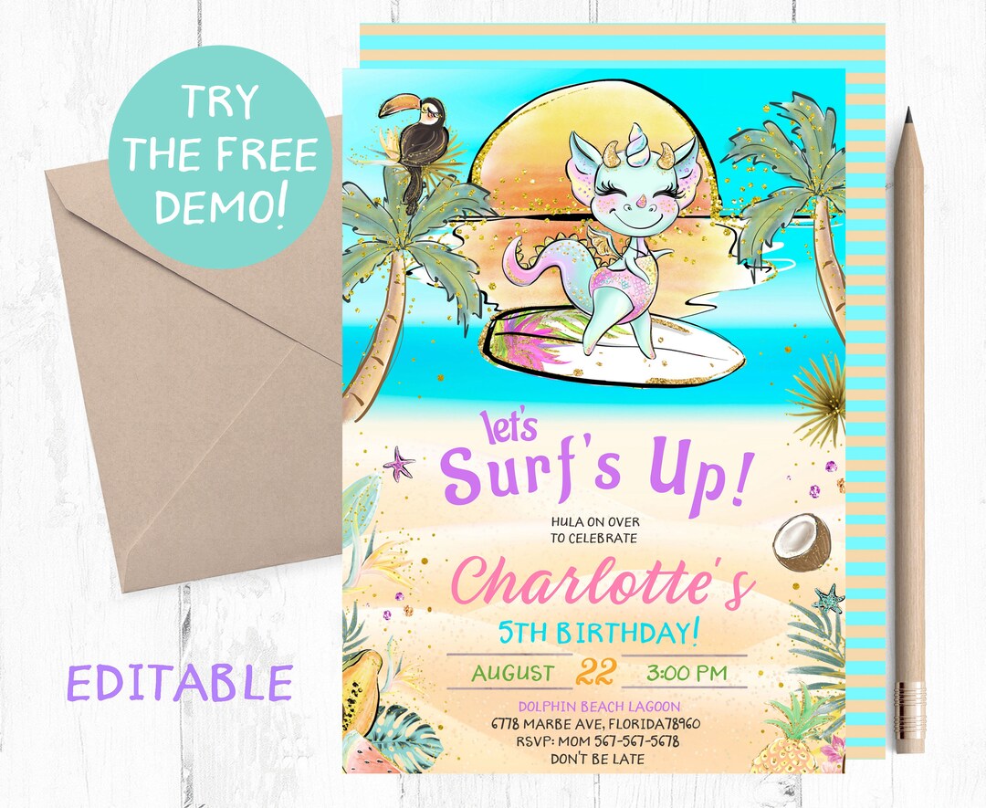 Editable Beach Surfing Invitation, Dragon Beach Surfing Editable ...
