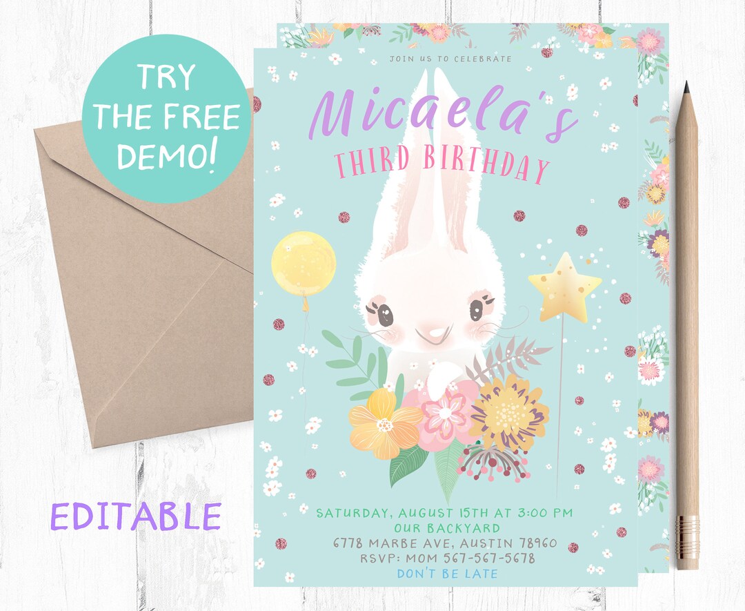Bunny Birthday Party Invitation Printable, Spring Bunny Birthday ...