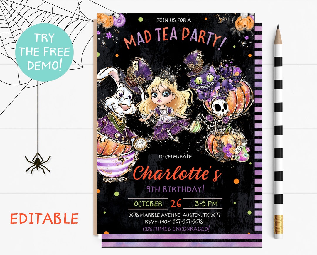 EDITABLE Wonderland Halloween Invitation, Alice in Wonderland Halloween ...