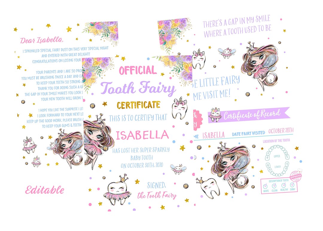 EDITABLE Brunette Tooth Fairy Set, Tooth Fairy Editable Certificate ...