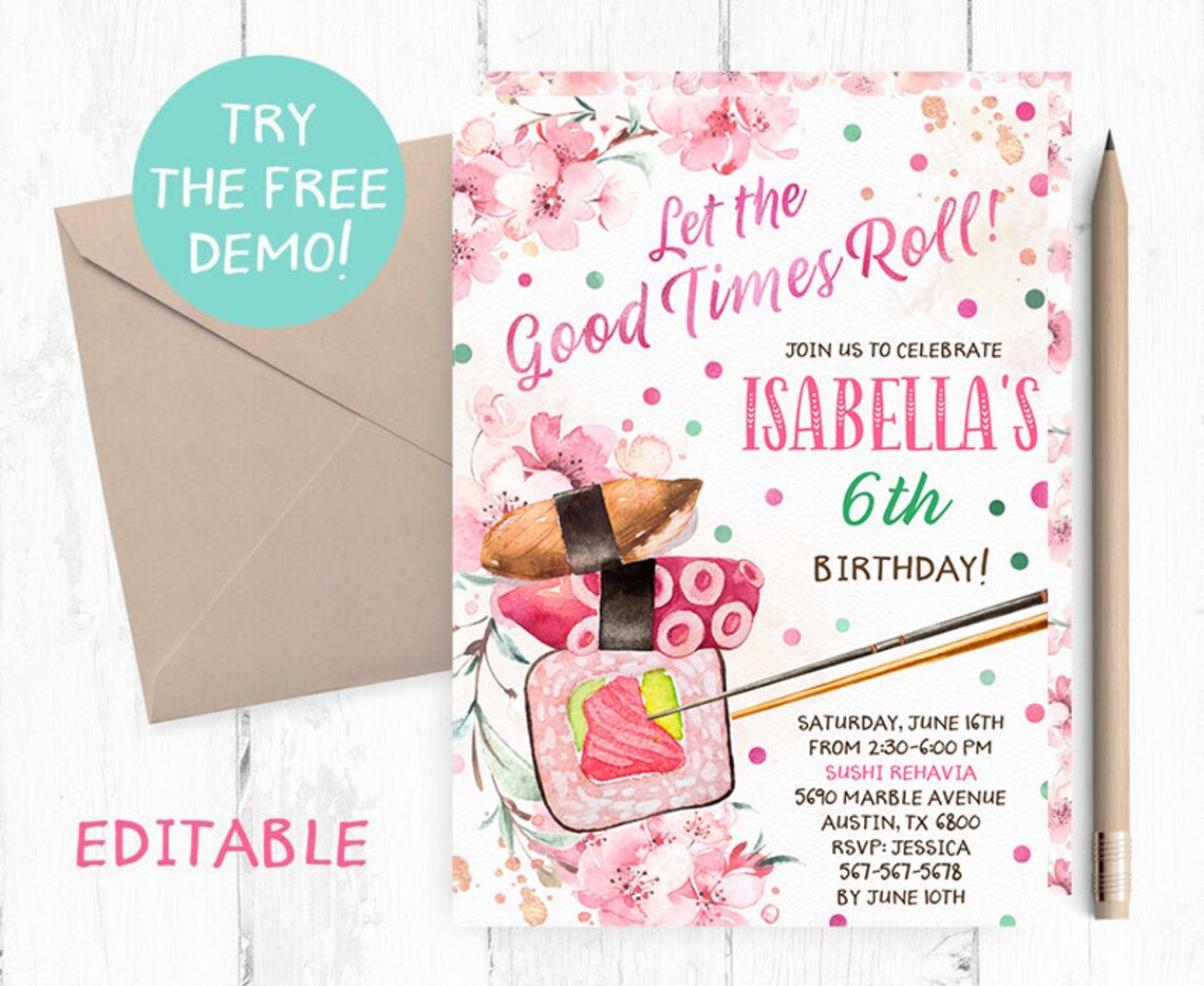 Editable Sushi Invitation, Sushi Birthday Party, Sushi Party Invites ...