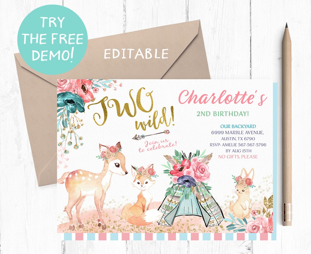 Editable TWO Wild Forest Animals Invitation, TWO Wild Teepee Invitation ...