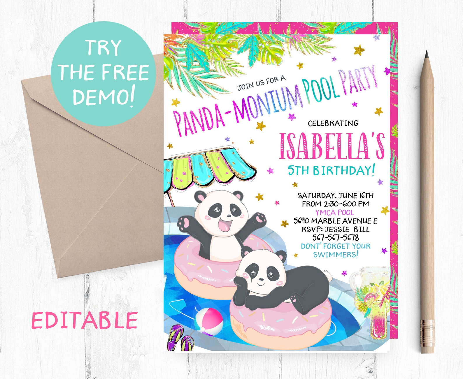 Editable Pandamonium Pool Party Invitation, Panda Pool Birthday Party ...