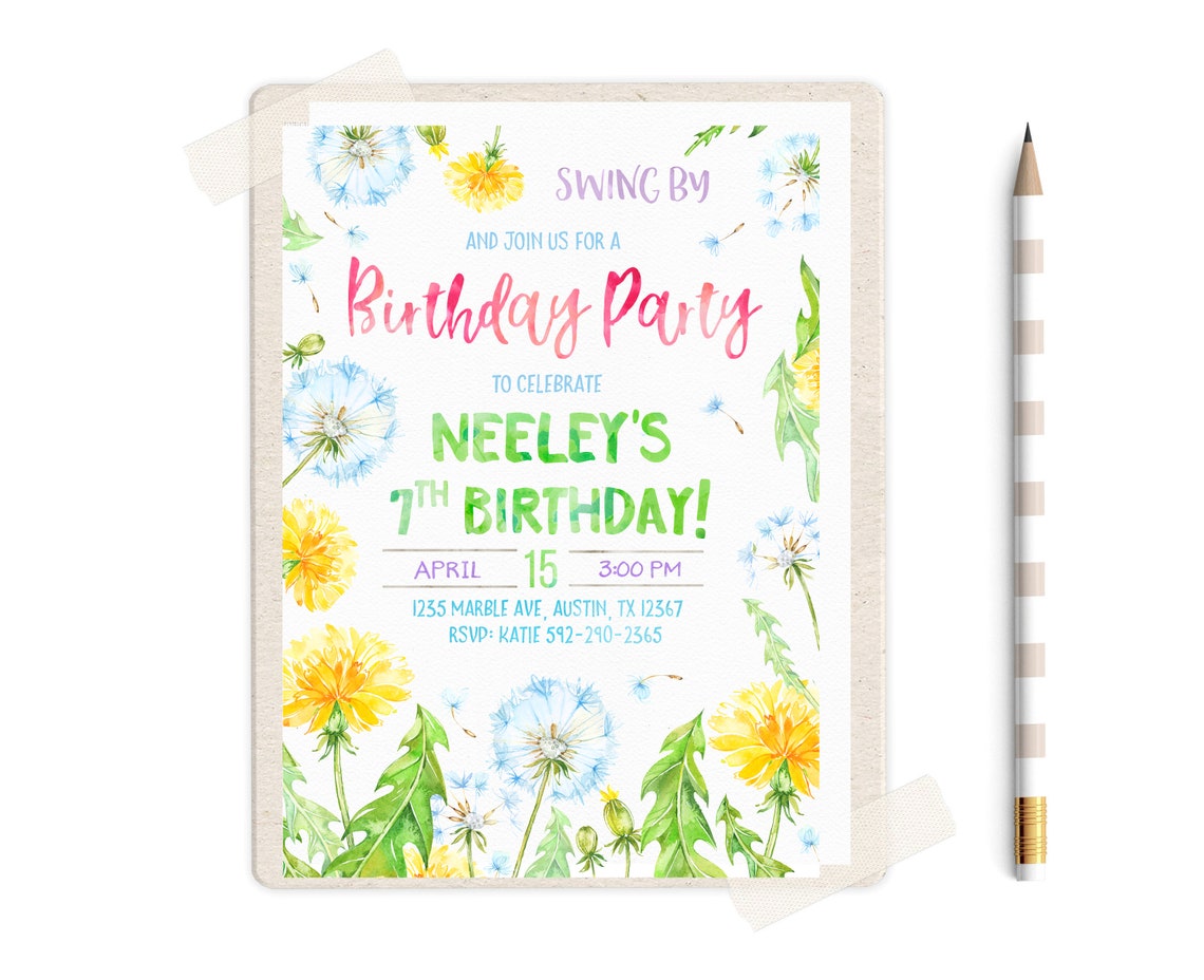 Dandelion Birthday Invitation Dandelion Invitations | Etsy