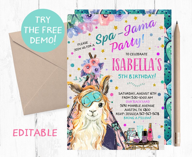 Llama Spa-jama Party Invitation Llama Spa and Pajama Instant - Etsy
