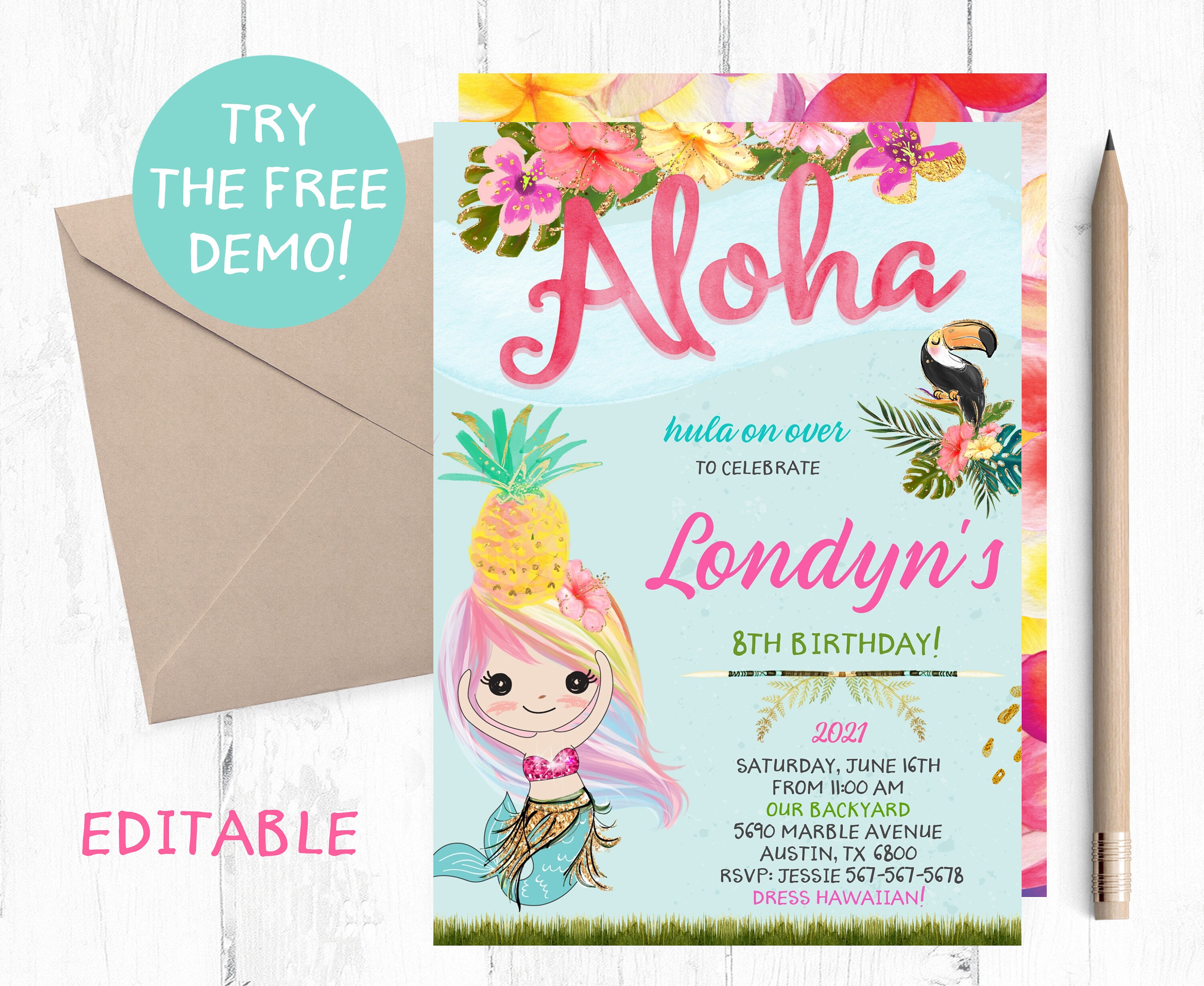Luau Mermaid Invitations Hawaiian Mermaid Invitation Luau | Etsy