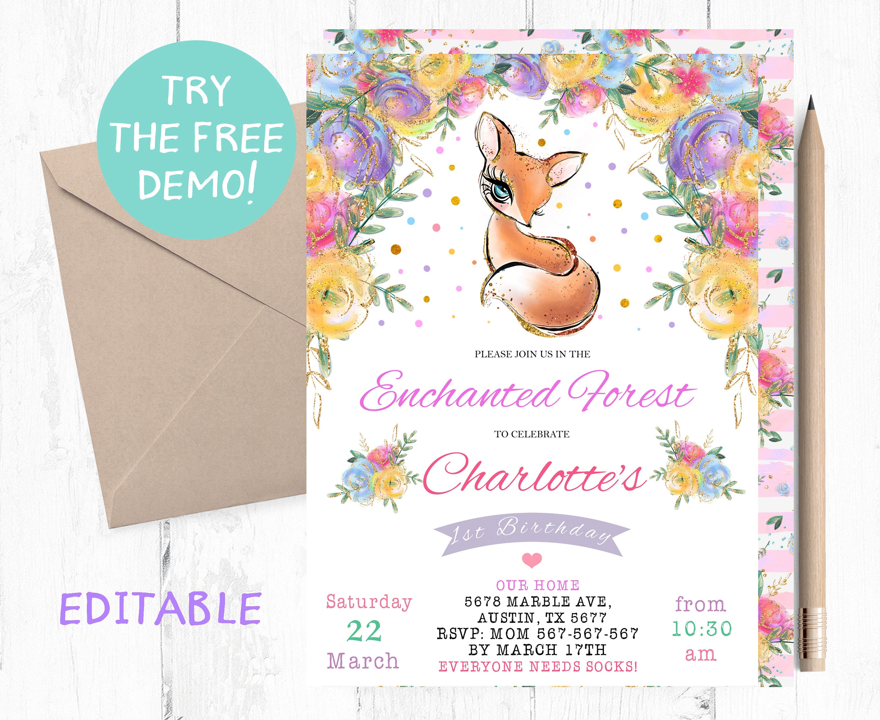 Editable Spring Fox Invitation, Summer Fox Invitation Template, Fox ...