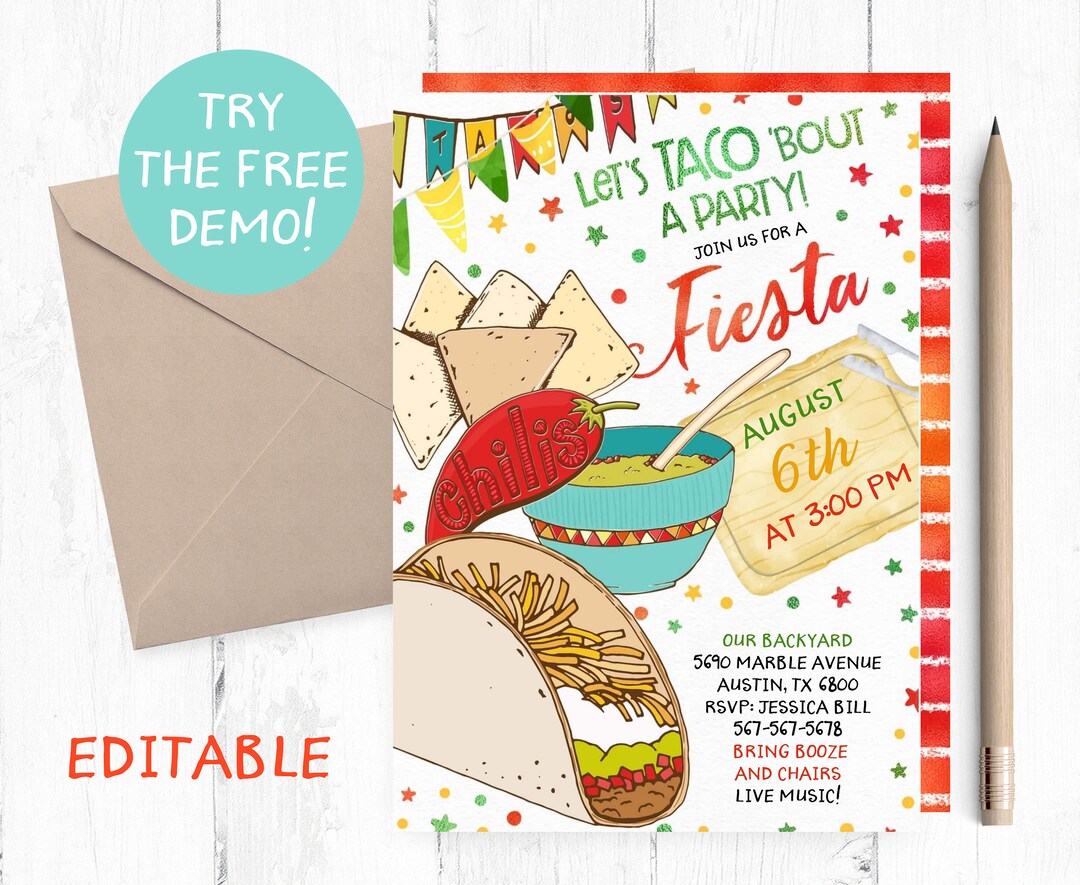 Editable Fiesta Invitation, Fiesta Tacos Editable Template, Mexican ...