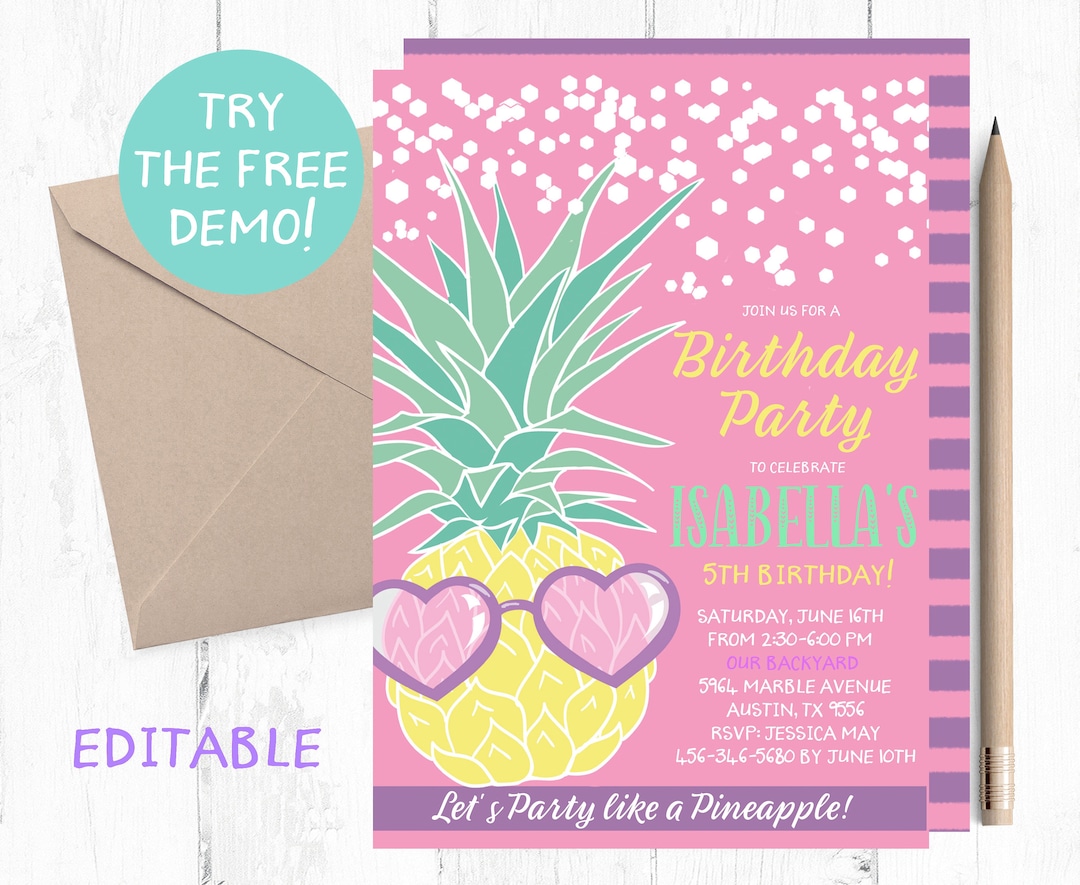 Pineapple Birthday Party Invitation Template, Editable Text (5x7 Inches ...