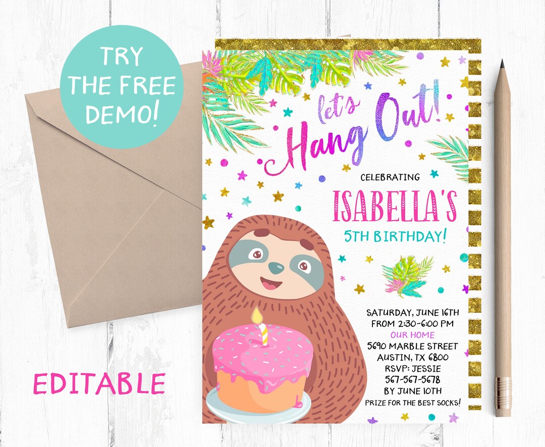 Editable Sloth Invitation, Sloth Birthday Party Invites, Sloth Editable ...