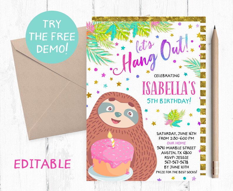 Editable Sloth Invitation Sloth Birthday Party Invites Sloth | Etsy