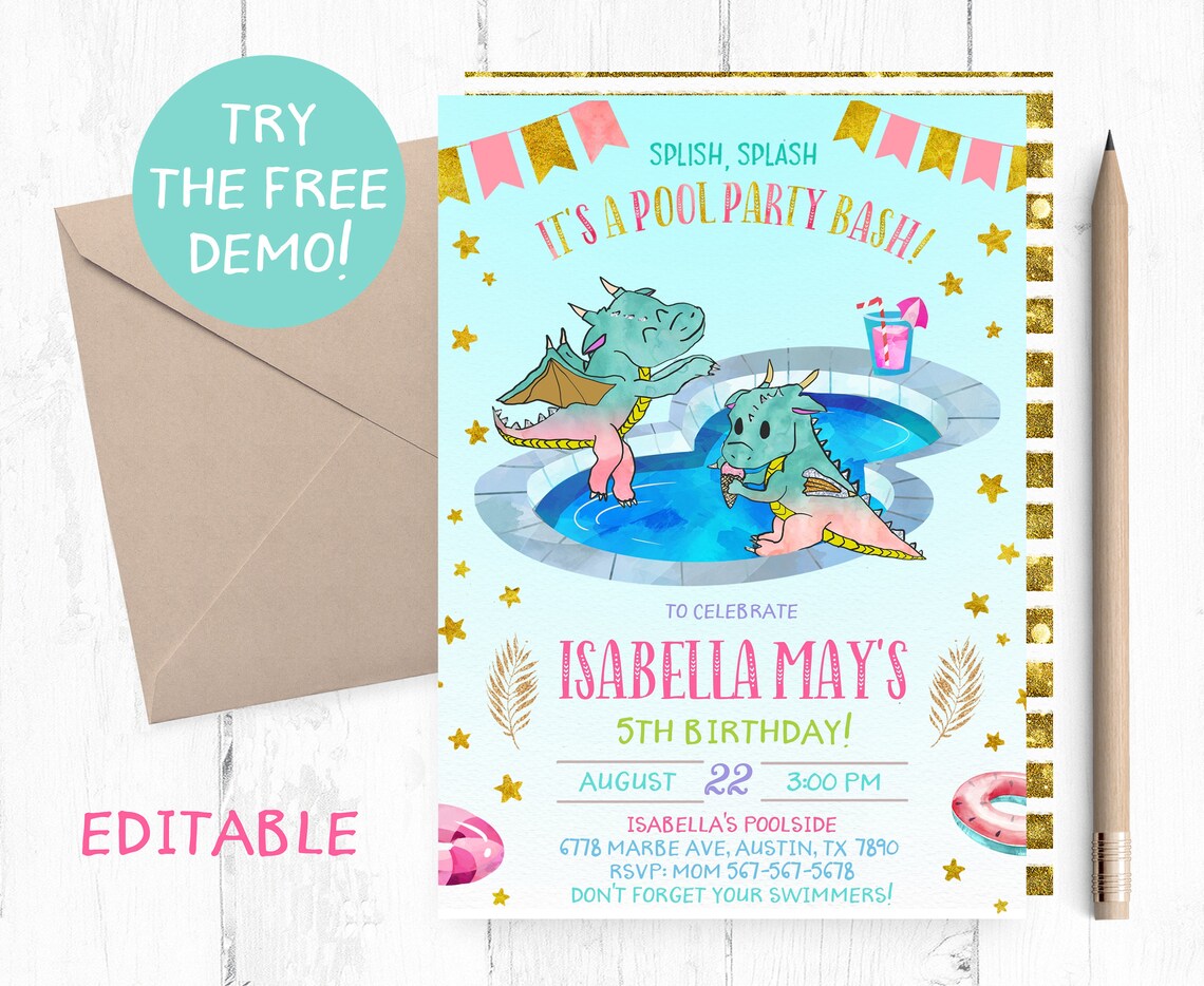 Cute Dragons Pool Party Bash Invitations, Dragons Pool Party Invitation ...