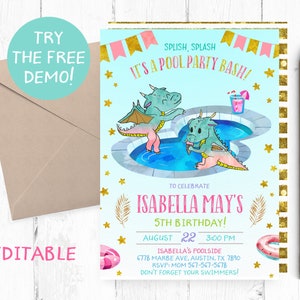 Cute Dragons Pool Party Bash Invitations, Dragons Pool Party Invitation ...