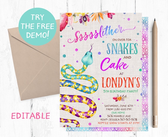 Snakes Birthday Invitations Snake Birthday Invitation Snake | Etsy