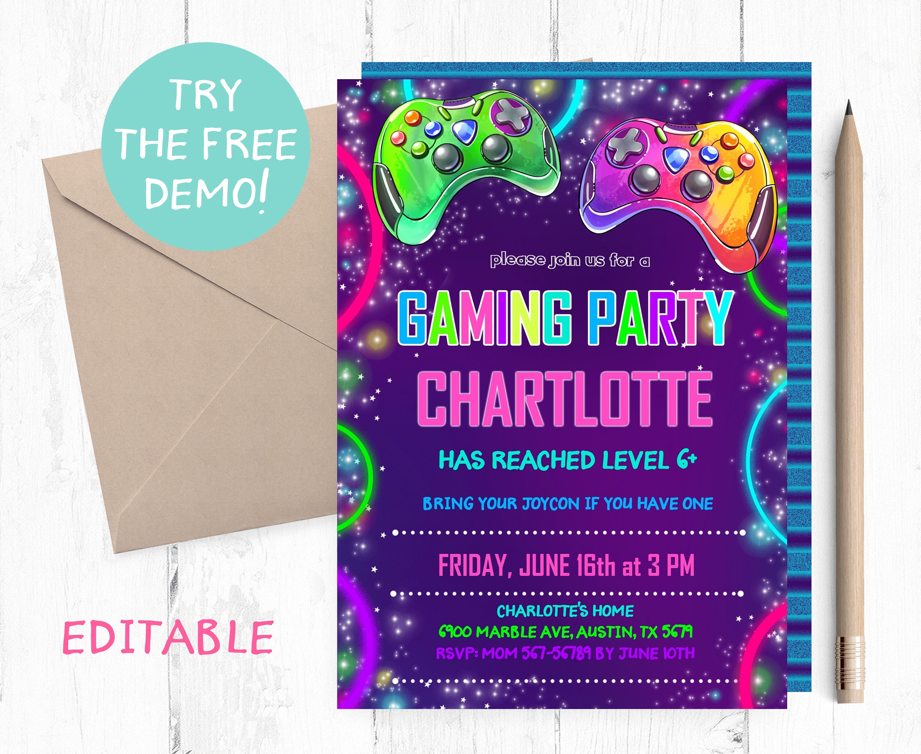 Editable Girl Gaming Invitation Girl Gaming Birthday Party - Etsy