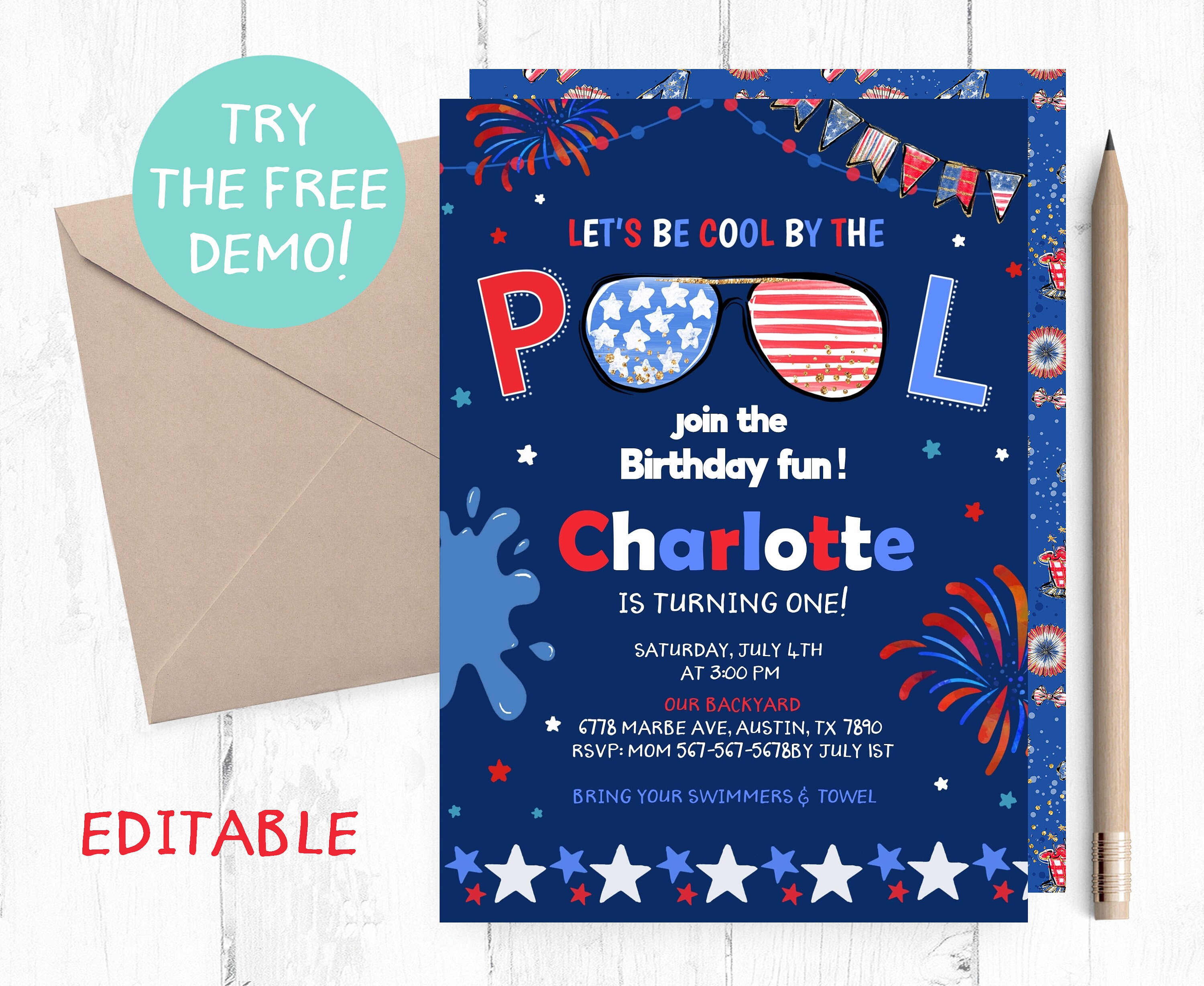 Editable Independence Day Pool Party Invitation Independence - Etsy UK