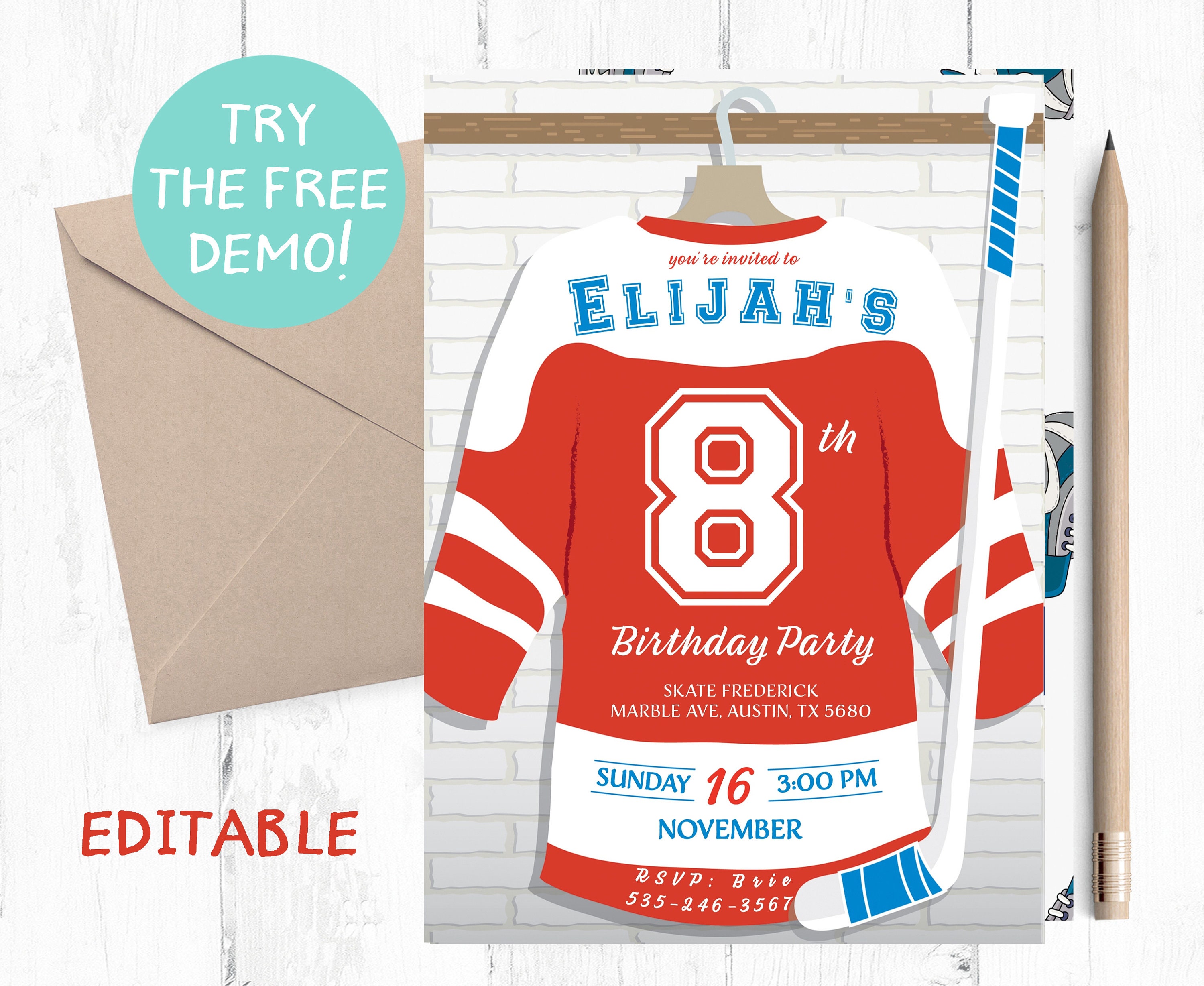 Editable Hockey Jersey Invitation, Red Hockey Jersey Template, Hockey ...
