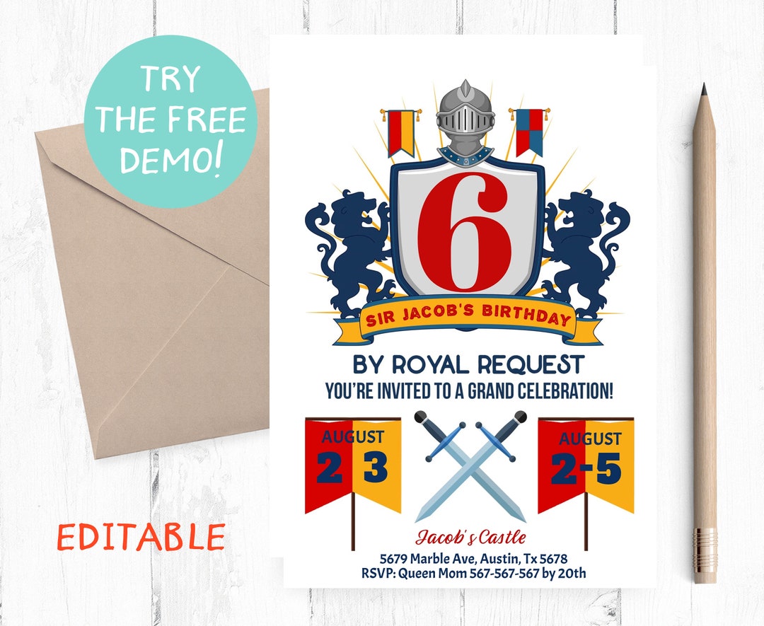 Editable Knight Invitation, Knight Birthday Party Invites, Royal ...
