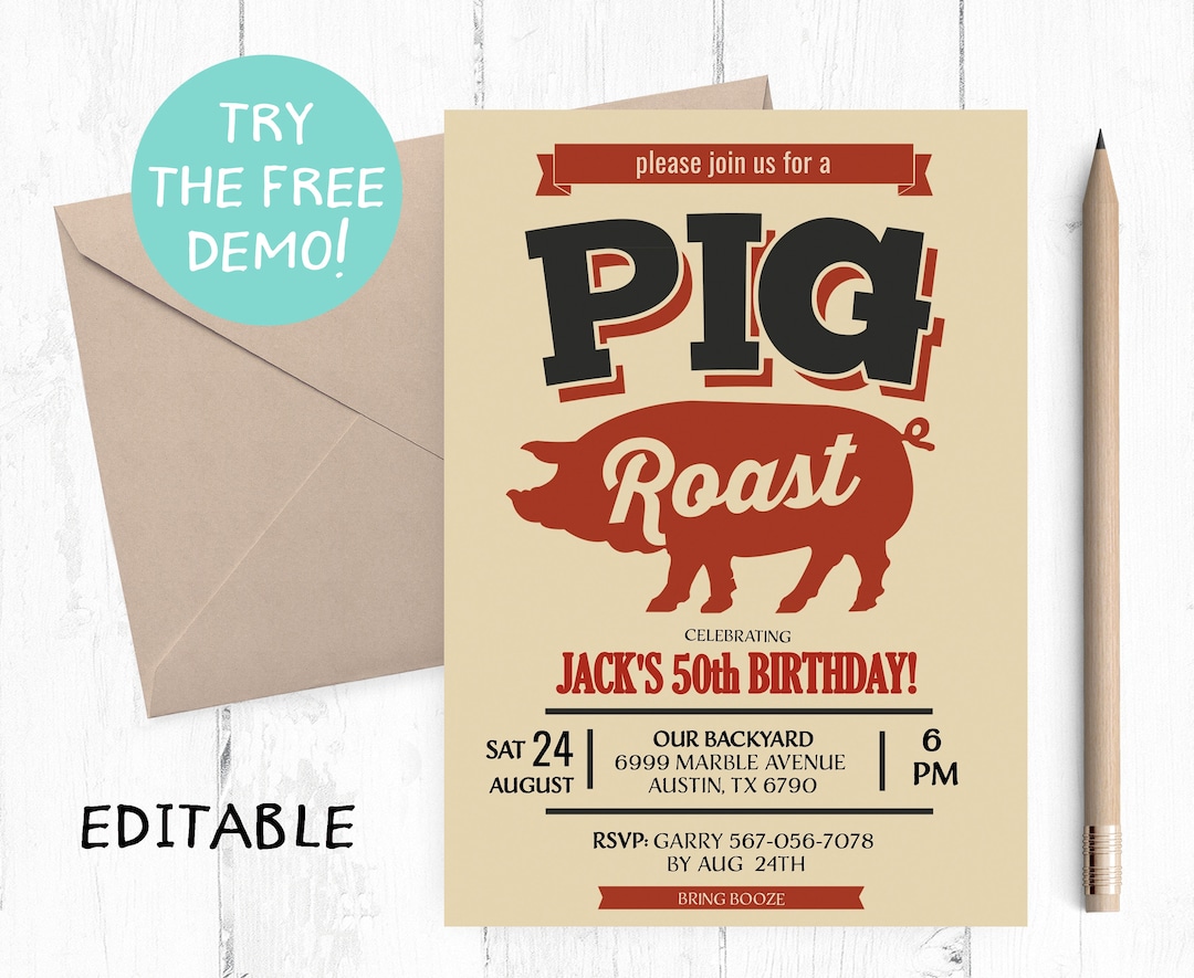 Editable Pig Roast Invitation, Pig Roast Editable Template, Pig Roast ...