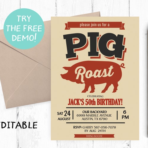Editable Pig Roast Party Invitation Hog Roast Family Reunion - Etsy