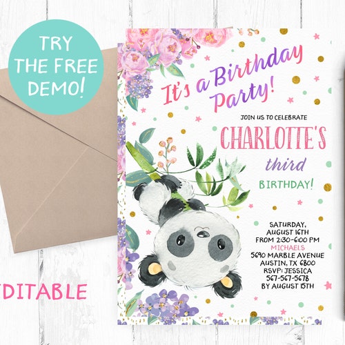 Panda Birthday Invitation EDITABLE Panda Birthday Party - Etsy