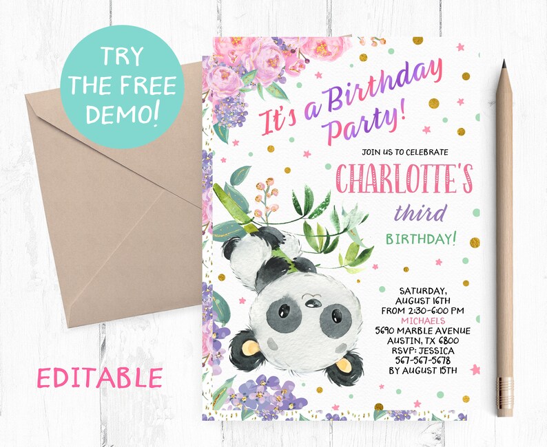 Editable Panda Birthday Party Template Panda Invitation | Etsy
