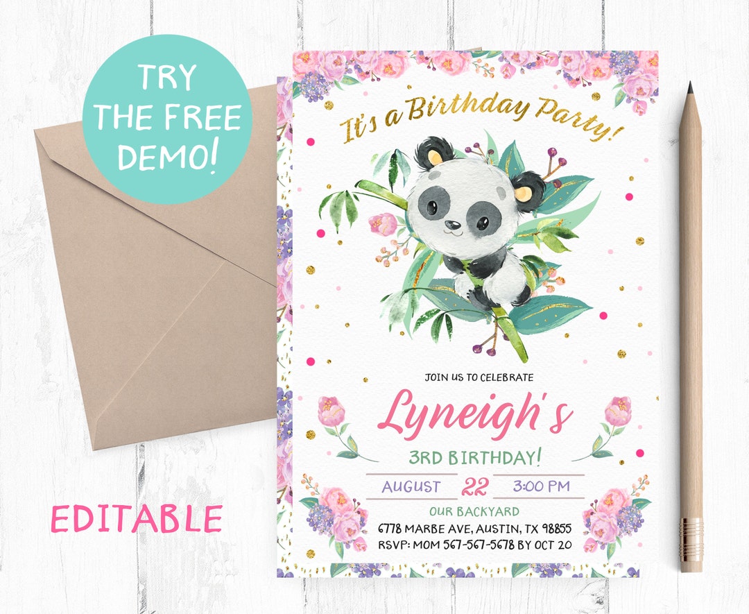Editable Panda Template, Girl Panda Invitation, Girl Panda Birthday ...
