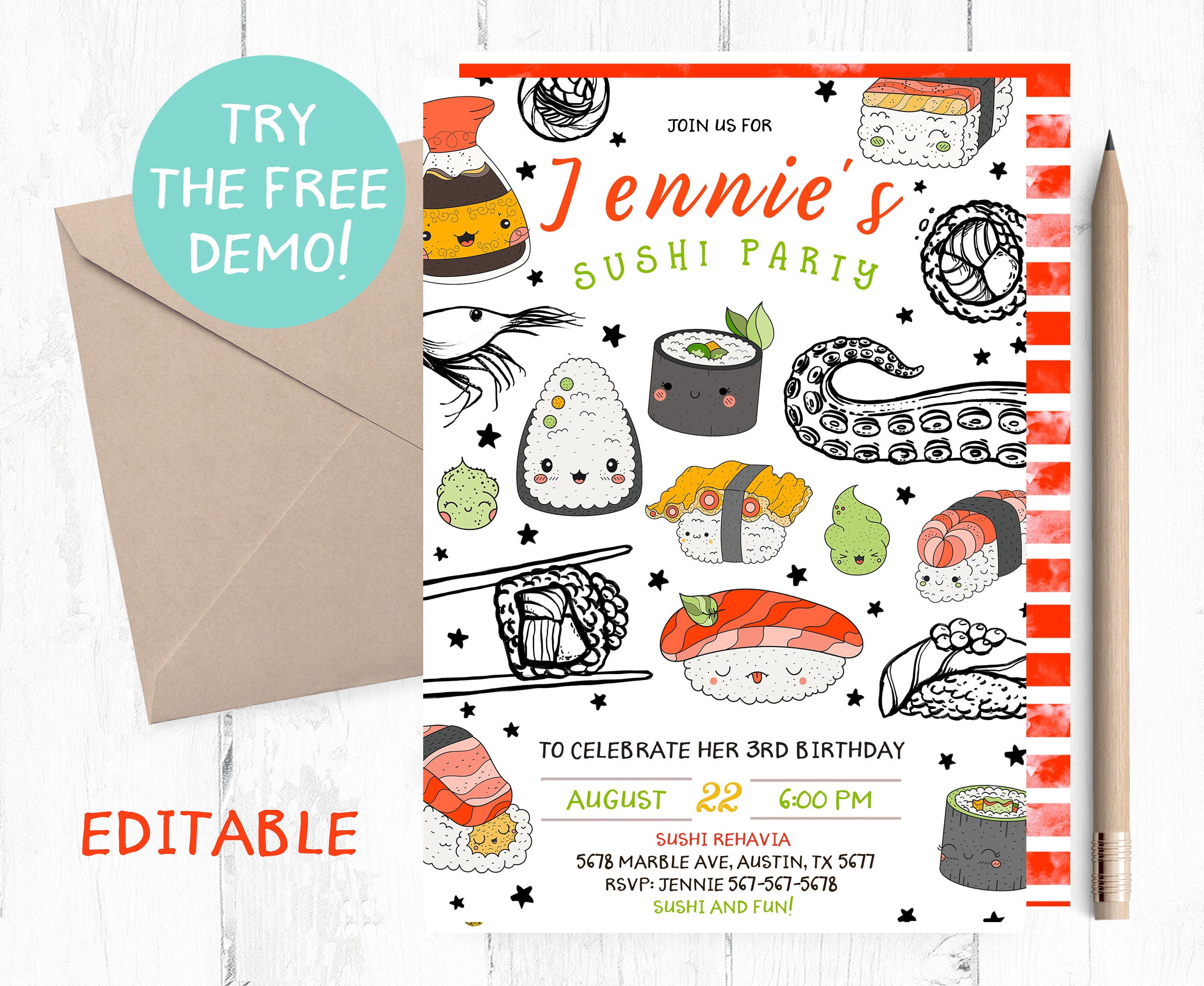 Sushi Invitation Girl Girl Sushi Party Invitations Cute - Etsy Israel