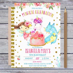 Editable Magical Invitation, Fairies Unicorn Dragon Invitation ...