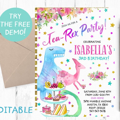 Editable Tea-rex Invitation Tea-rex Template Invitation - Etsy