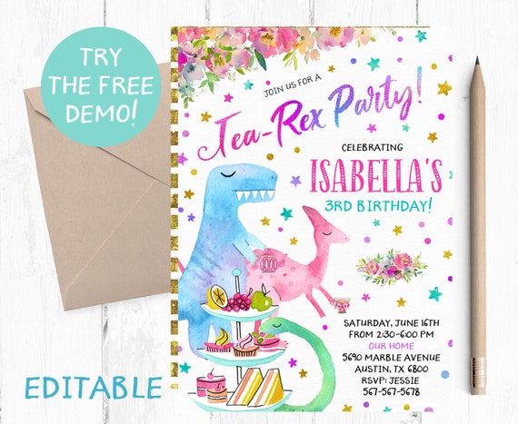 Editable Tea-Rex Invitation Tea-Rex Template Invitation | Etsy