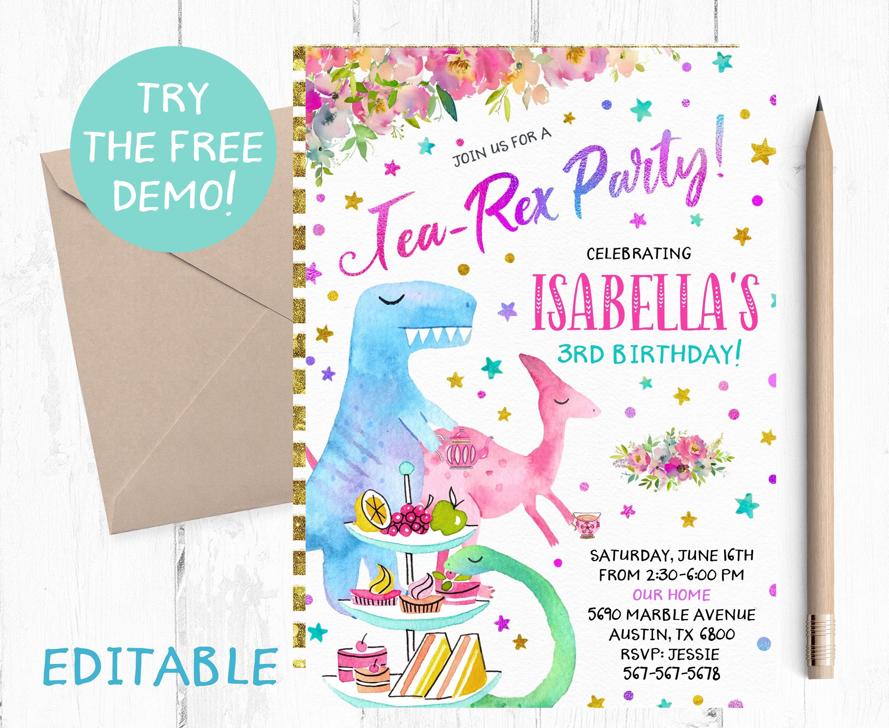 Editable Tea-rex Invitation Tea-rex Template Invitation - Etsy