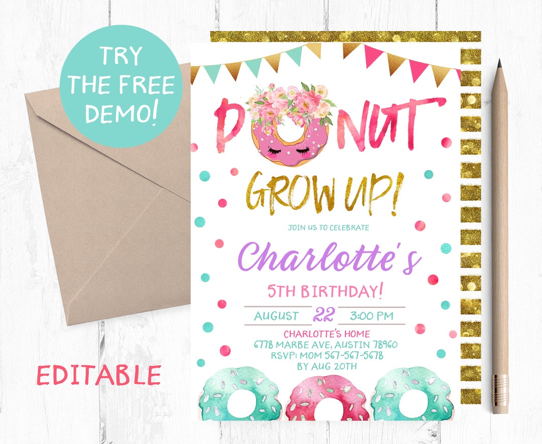Donut Grow up Birthday Party Invitation, Donut Grow up Invites, Donut ...