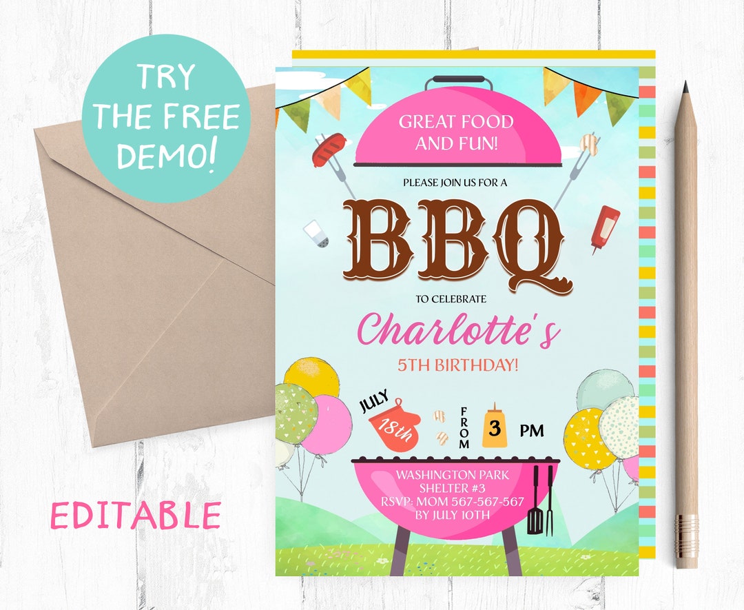 Editable Girl BBQ Invitation, Girl BBQ Birthday Party Invitation, BBQ ...
