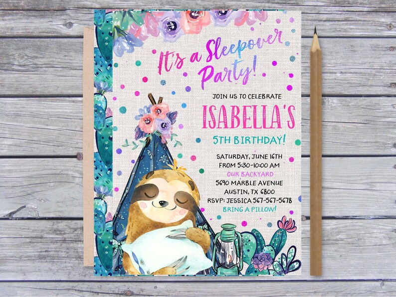 Editable Sloth Teepee Invitation Sloth Sleepover Invitation - Etsy